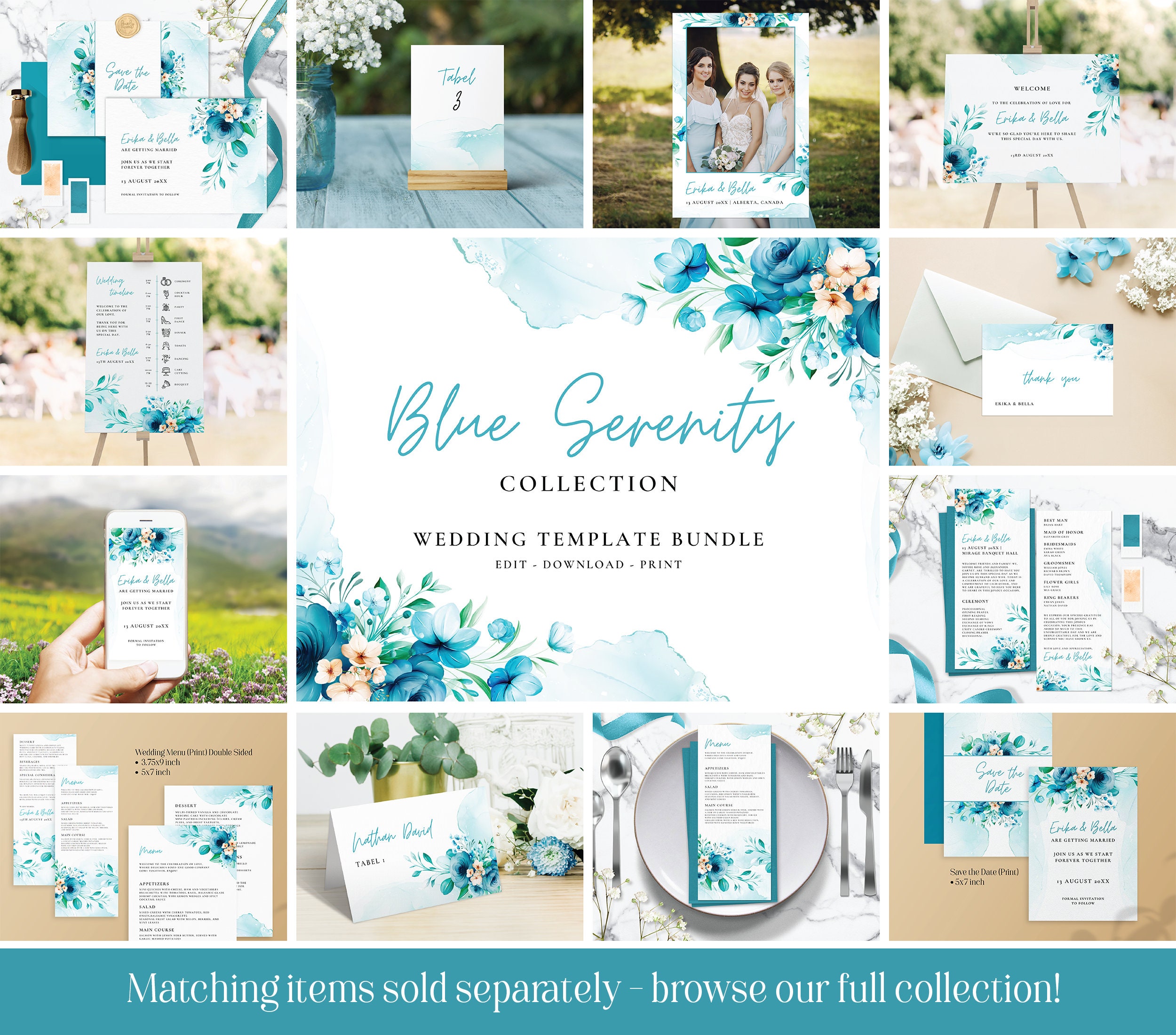 Wedding Program Template Blue Turquoise Flowers, Editable Digital Ocean ...