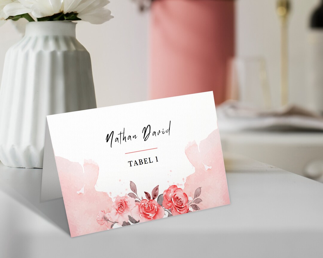 Pastel Roses Wedding Name Card Template, Printable Pink Roses ...