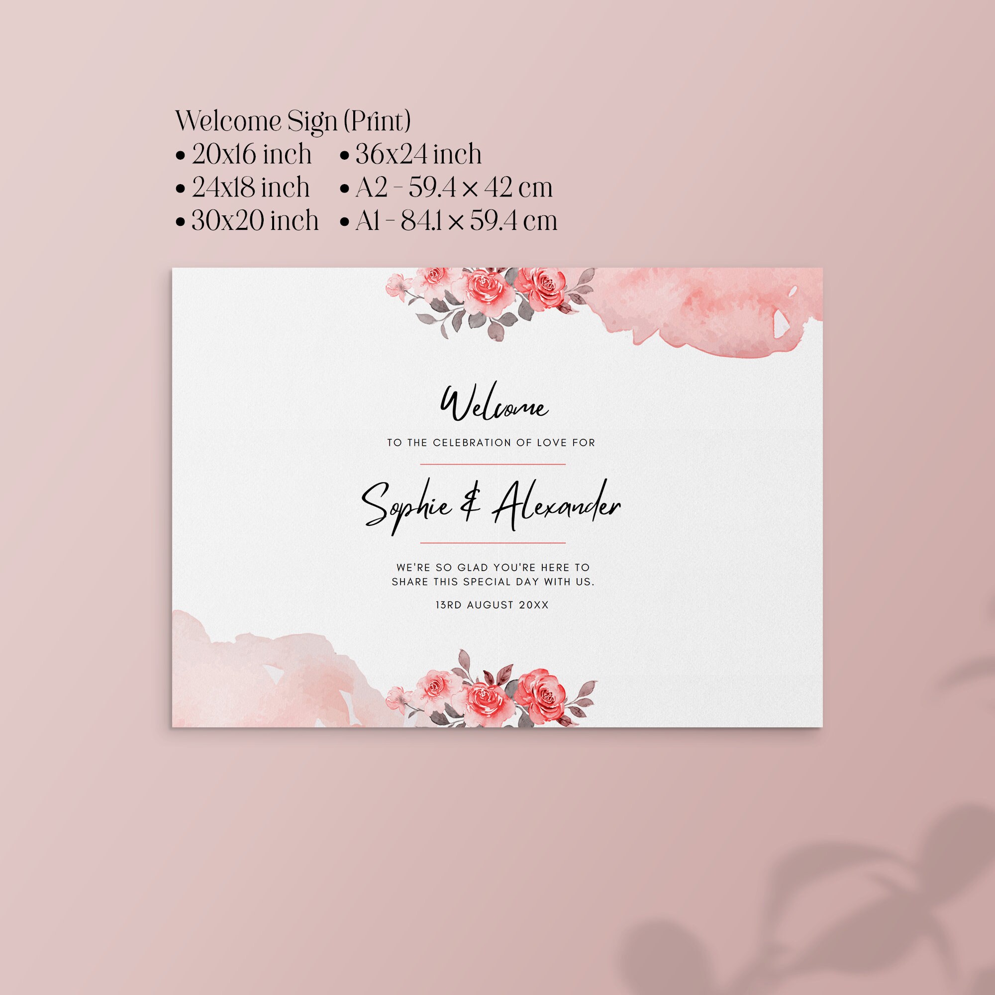 Pastel Roses Welcome Sign, Printable Pink Roses Watercolor Welcome to ...