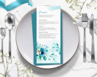 Wedding Program Template Blue Turquoise Flowers, Editable Digital Ocean ...