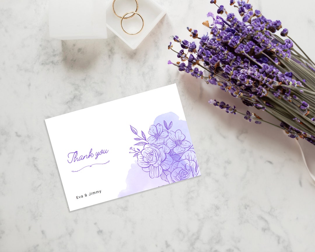 Pastel Purple Flowers Thank You Note Card Template, Printable Wedding ...