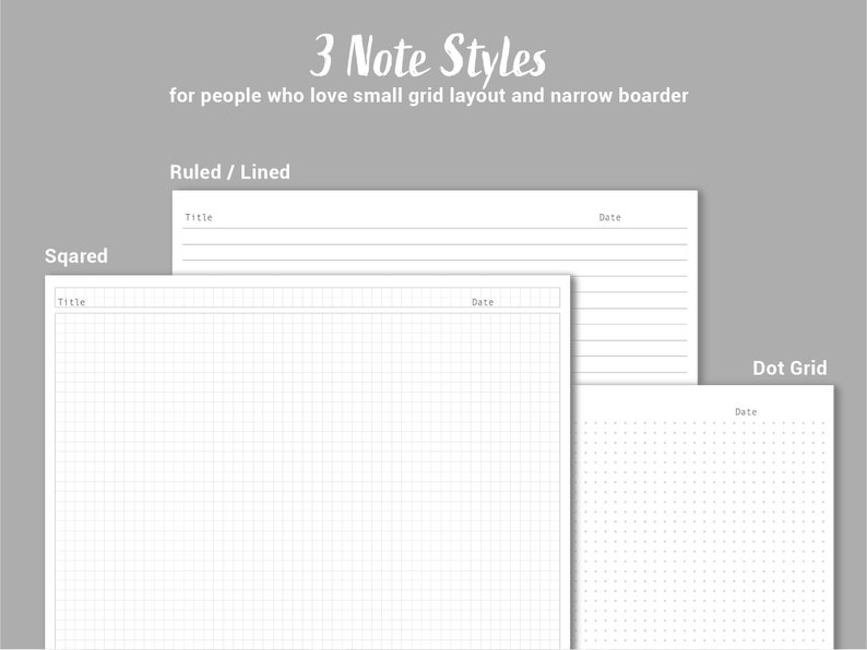 Printable & Digital Note Pages Bundle, Lined/ruled, Grid/squared, Dot ...
