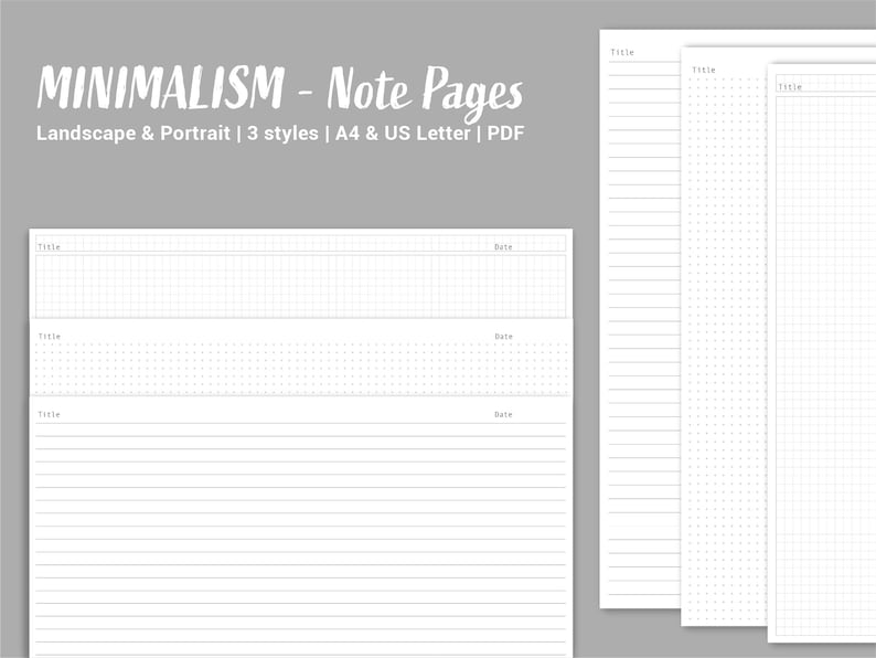 Printable & Digital Note Pages Bundle, Lined/ruled, Grid/squared, Dot ...