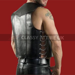 Men's Genuine Leather Biker Vest Chained Bar Vest Steampunk Vest Goth ...