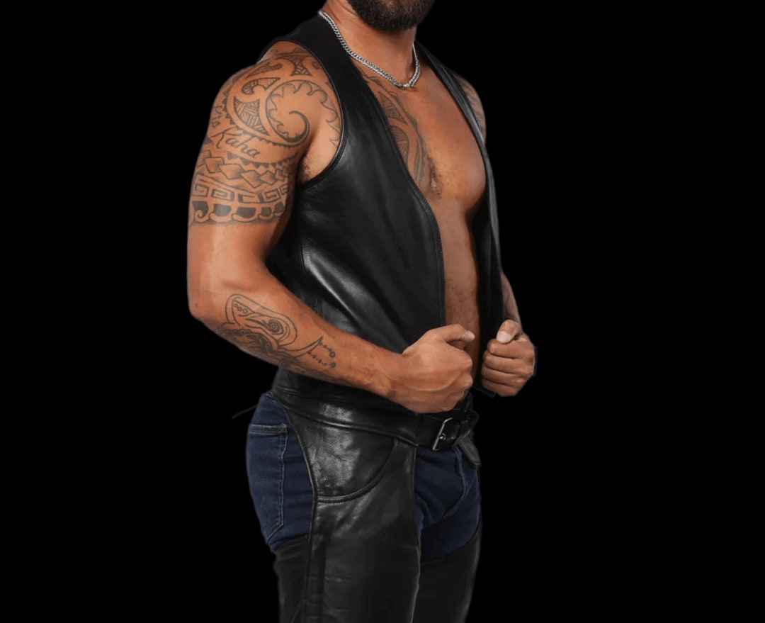 Leather Vest for Men - Leather Bar Vest for Men - Open Front Leather ...
