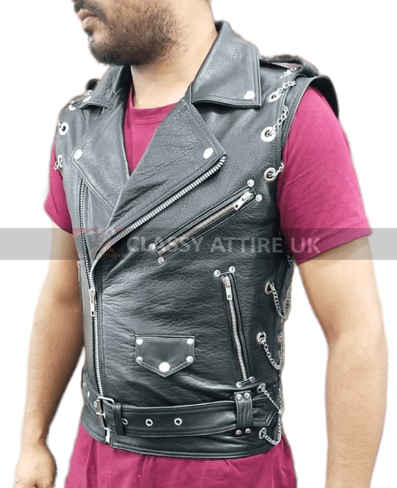 Men's Real Cow Leather Heavy Duty Chains Biker Vest - Etsy