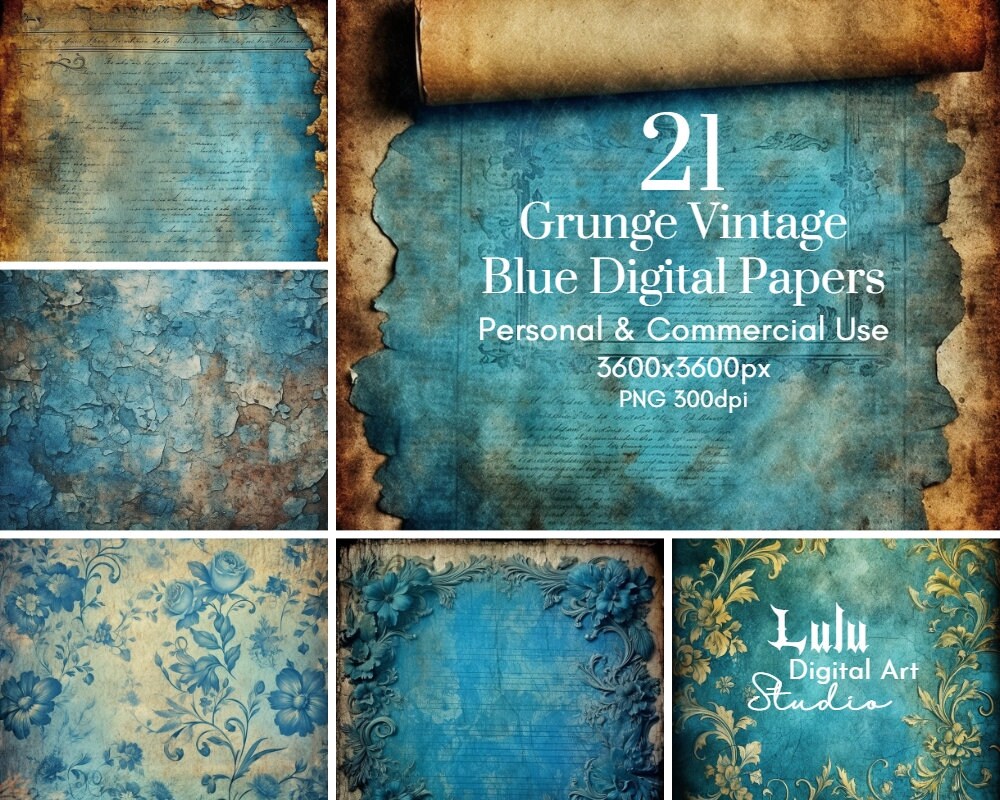 21 Grunge Vintage Blue Digital Papers Distressed Junk Journal Pages ...