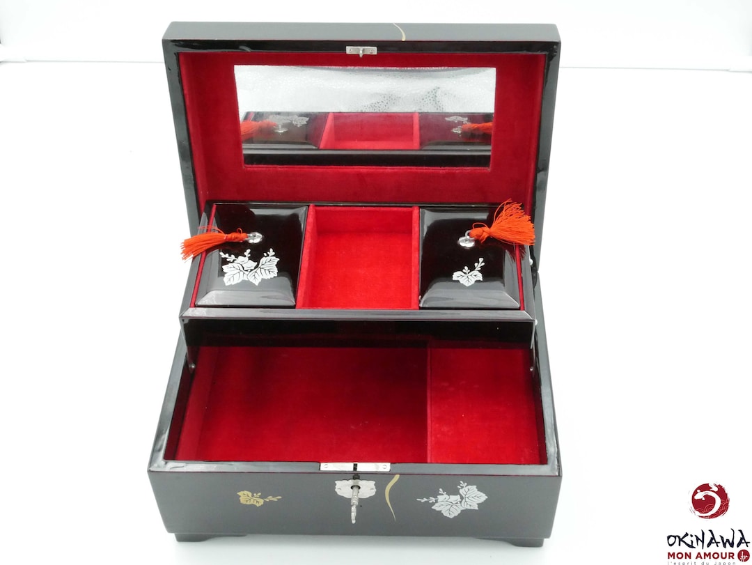 Black Lacquered Musical Jewelry Box With Two Tiers Decorated With a ...
