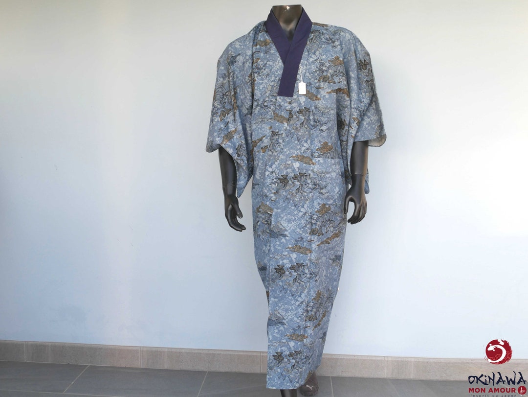 Traditional Japanese Men's Juban in Blue Cotton and Wool Richly ...