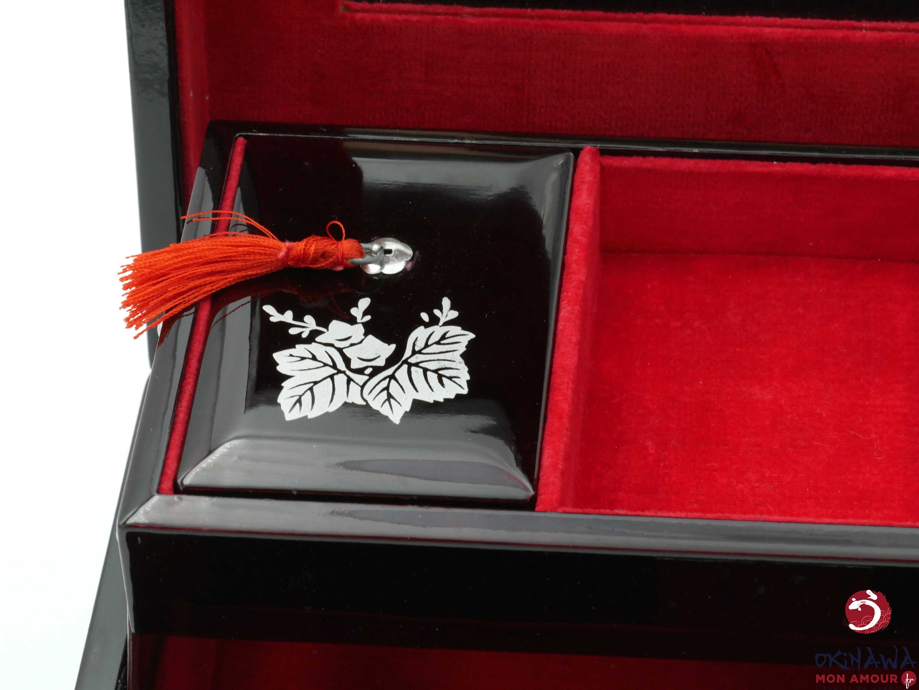 Black Lacquered Musical Jewelry Box With One Floor Decorated With a ...