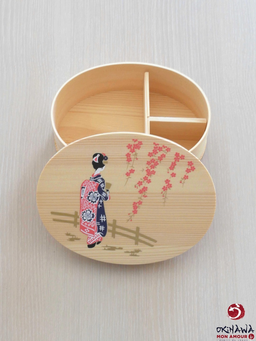 Japanese Cedar Wood Bento Box Depicting a Geisha Under a Cherry Blossom ...