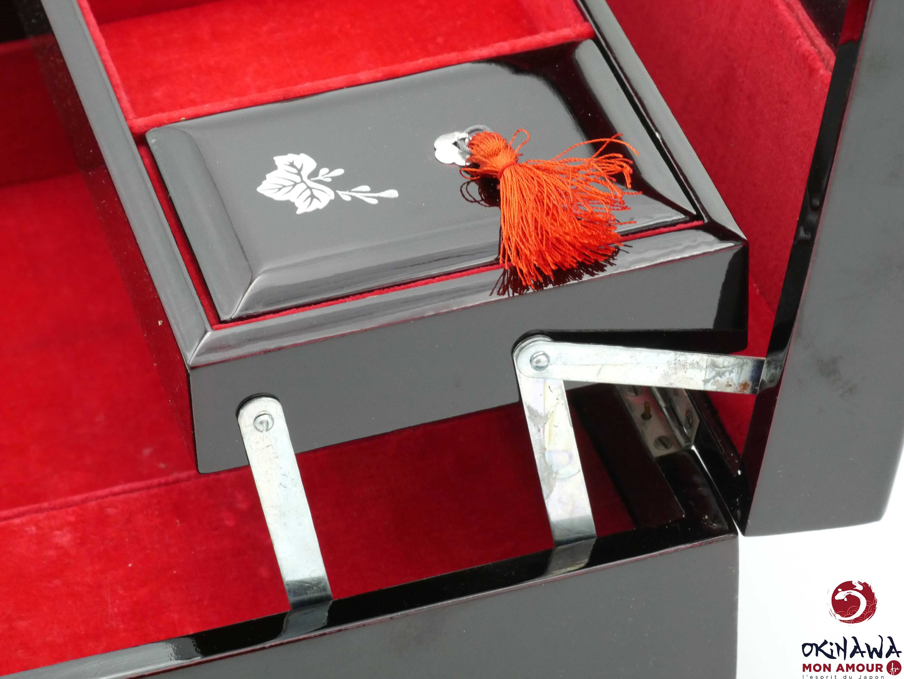 Black Lacquered Musical Jewelry Box With One Floor Decorated With a ...