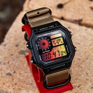 Casio Royale AE-1200WH Sunrise 22mm - Custom Black Casio Watch - Red ...