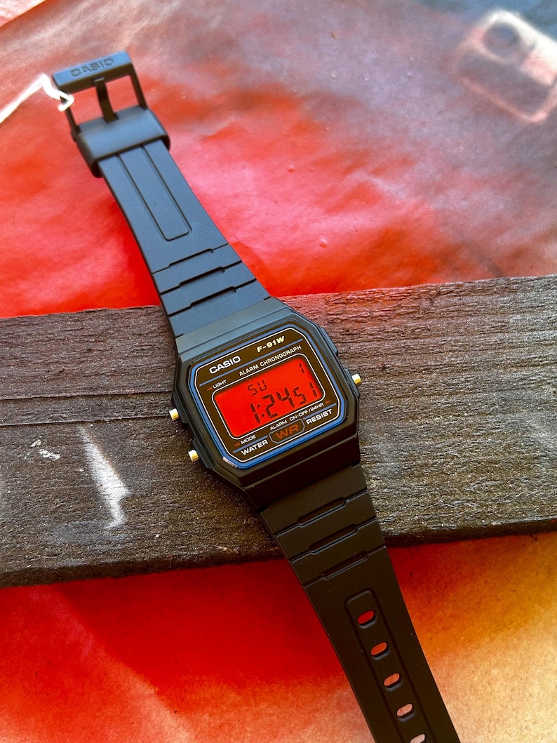 Extra Red – Modified Casio F-91W – Custom Black Digital Watch With High ...