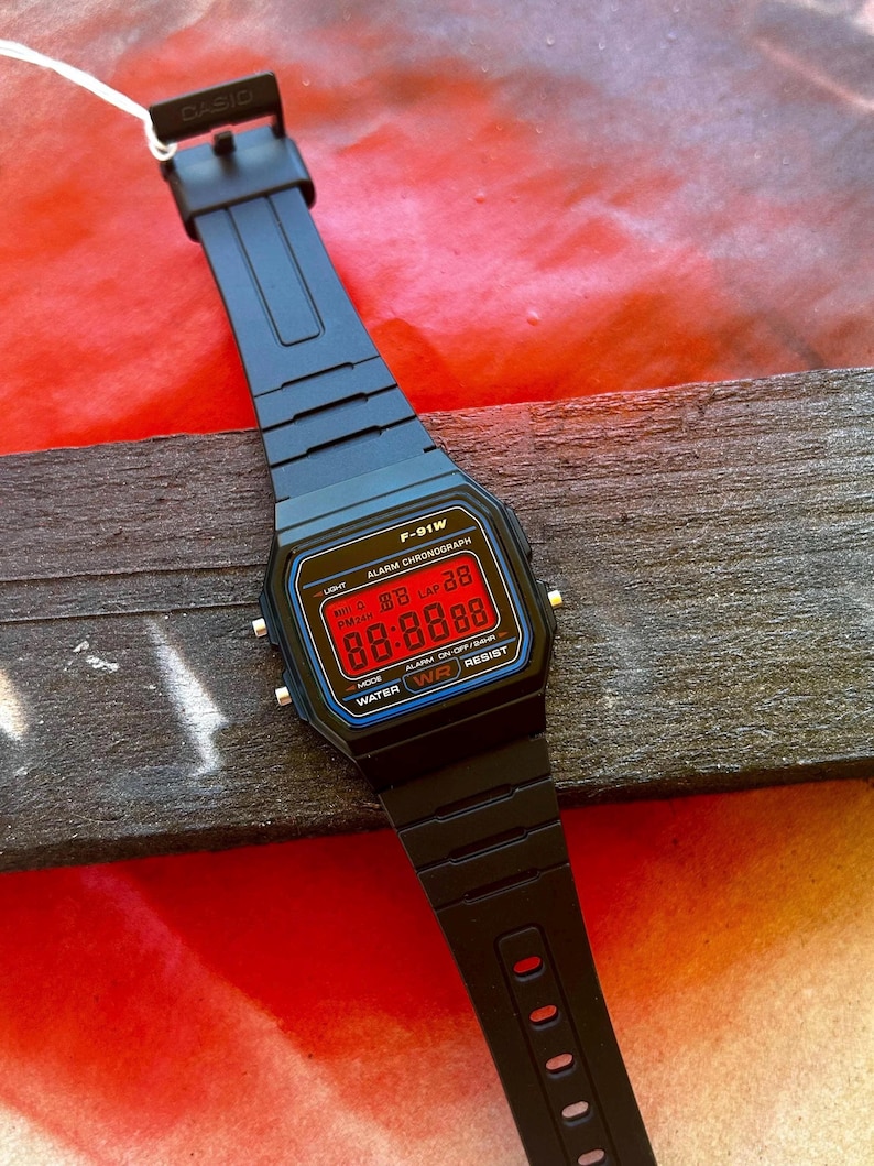 Extra Red – Modified Casio F-91W – Custom Black Digital Watch With High ...