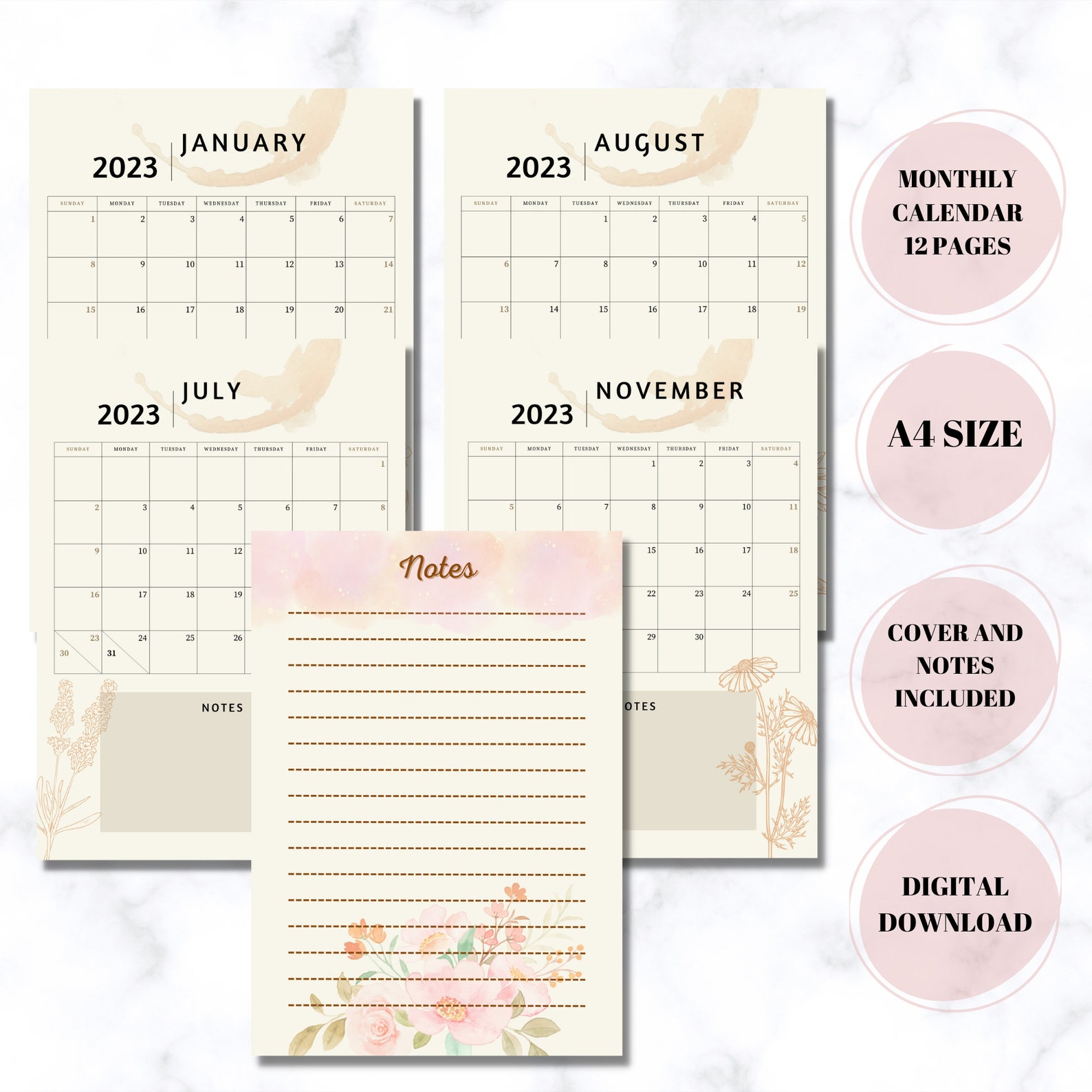 Printable 2023 Calendar, Printable Monthly Calendar, Floral 2023 ...