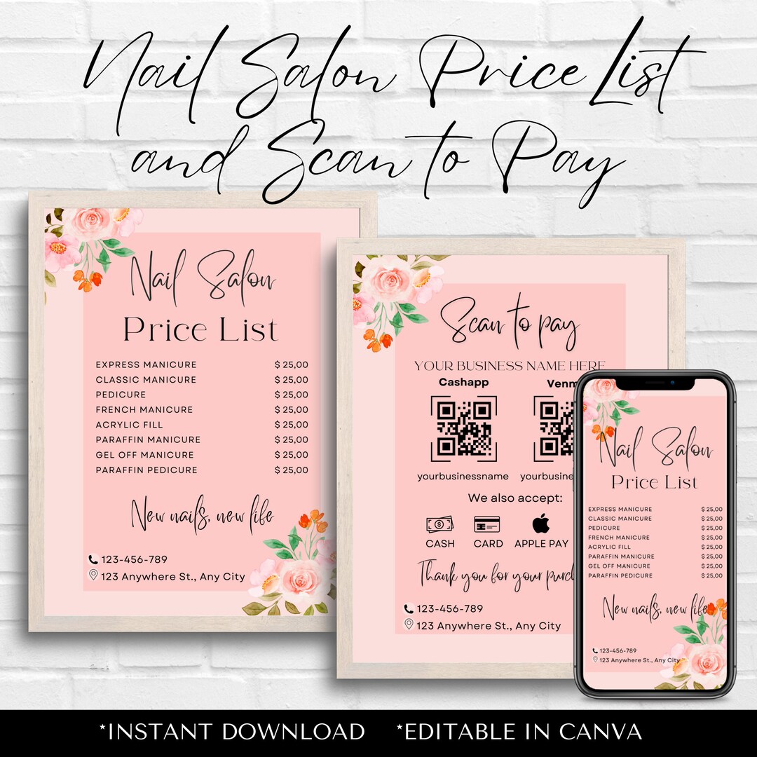 Nail Salon Price List Template | Canva Design With QR Code | Printable ...