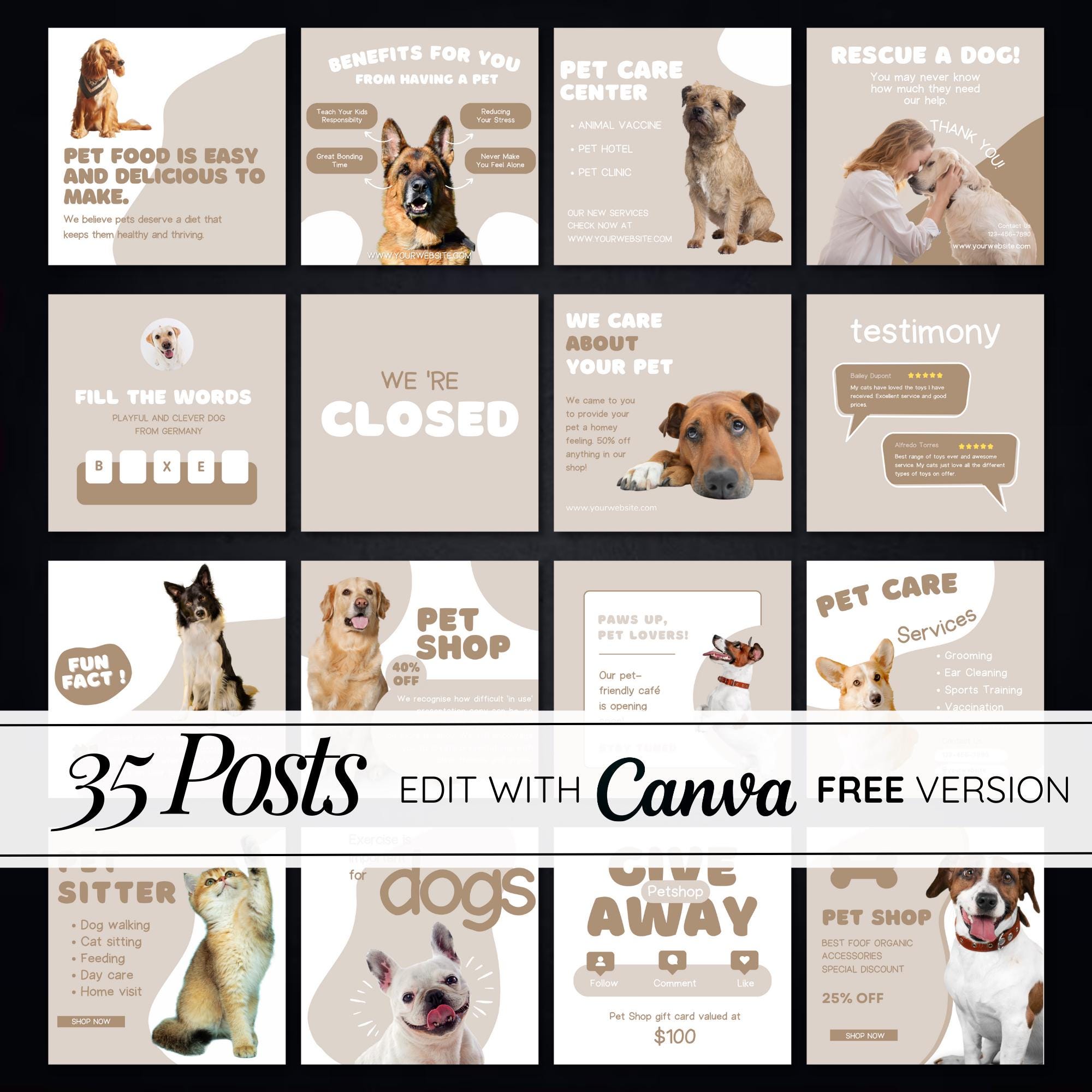 Pet Shop Instagram Post Templates: Dog, Cat, Vet (canva) - Etsy