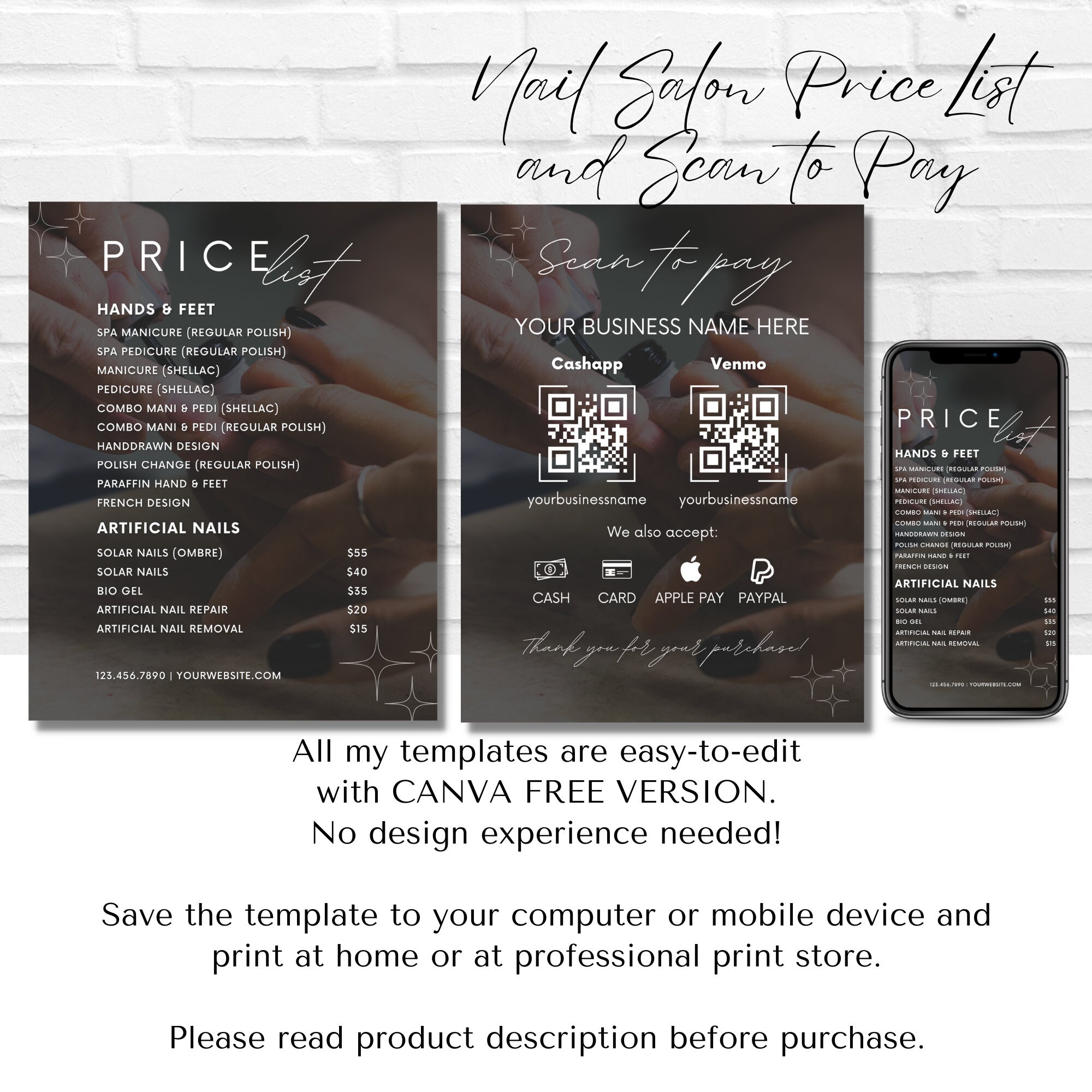Nail Salon Price List Canva Template With QR Code Printable Nail Flyer ...