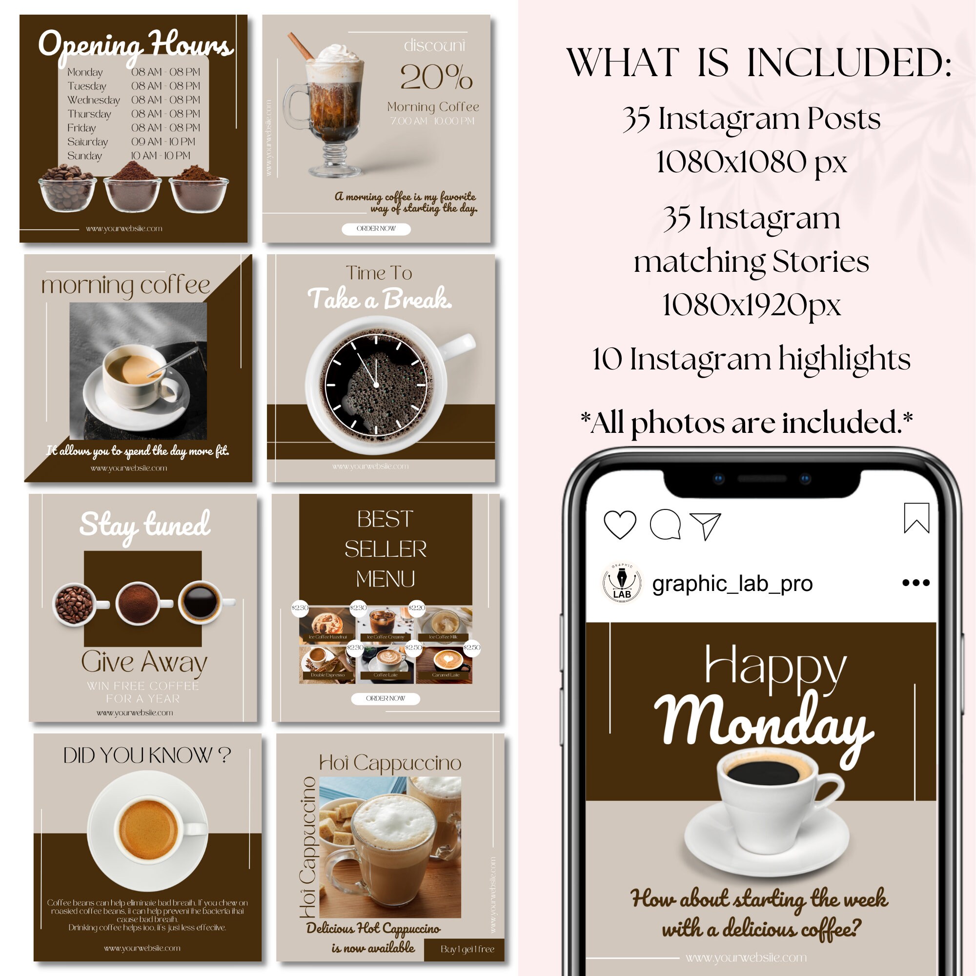 Coffee Shop Instagram Templates Canva Branding Kit for Cafe Business IG ...