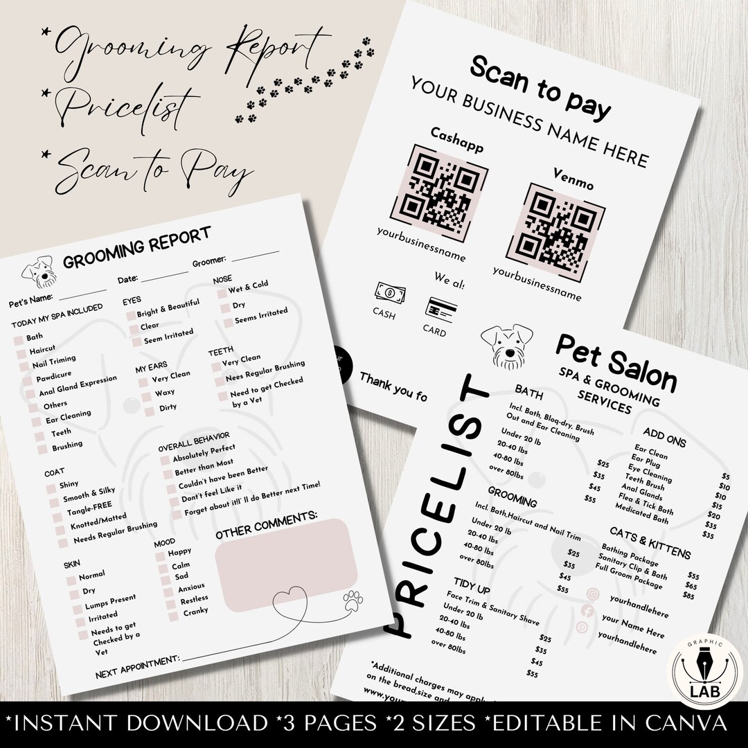 Pet Shop Groomer Forms Template: Canva Dog Groom Service, Salon Reports ...