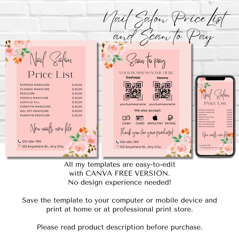 Nail Salon Price List Template Canva Design With QR Code - Etsy