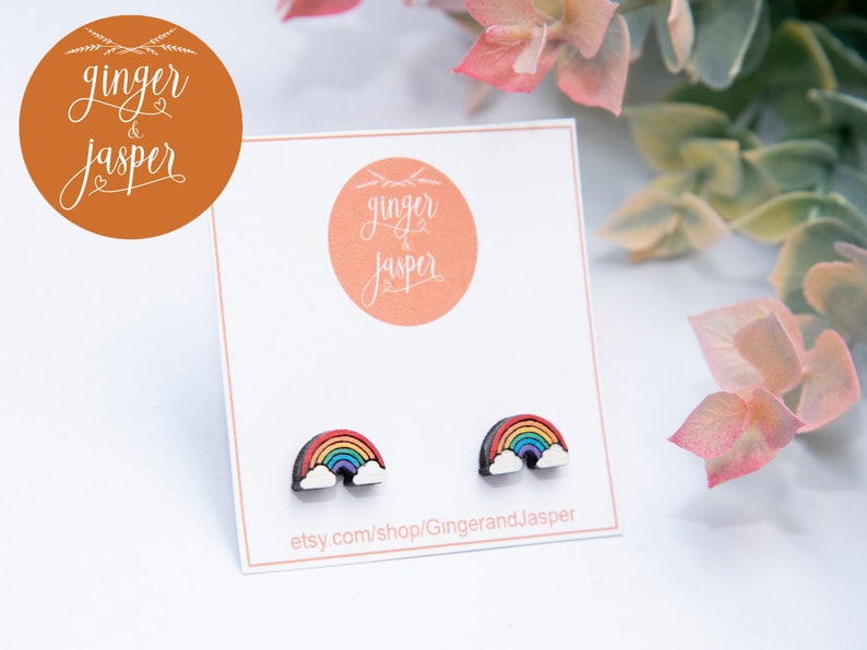 Wooden Rainbow Earrings, Laser Cut Rainbow LGBTQ Studs, Cute Hand Painted Wood Rainbow Stud ...