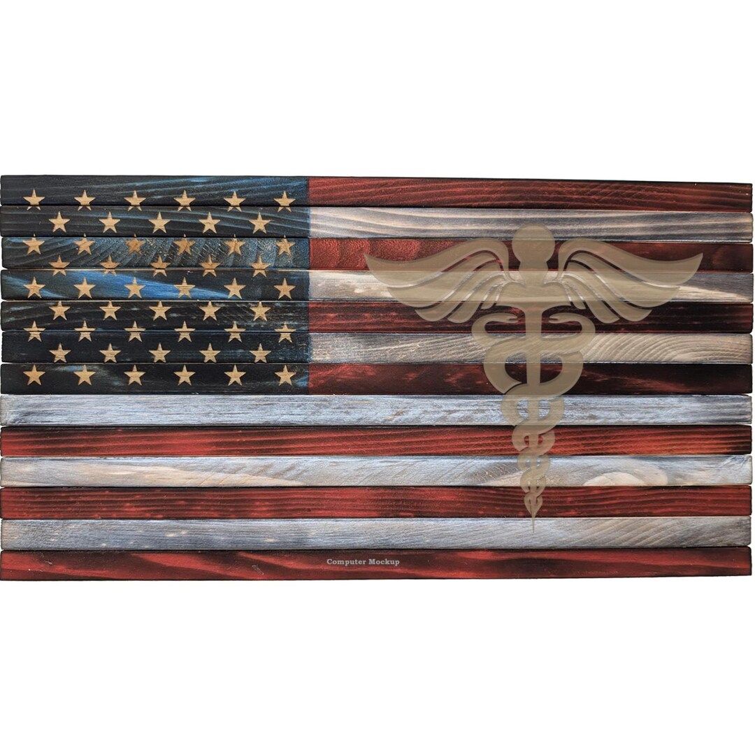 Wooden USA Flag MD Caduceus 50 Stars Rustic Flame Enhanced Laser ...