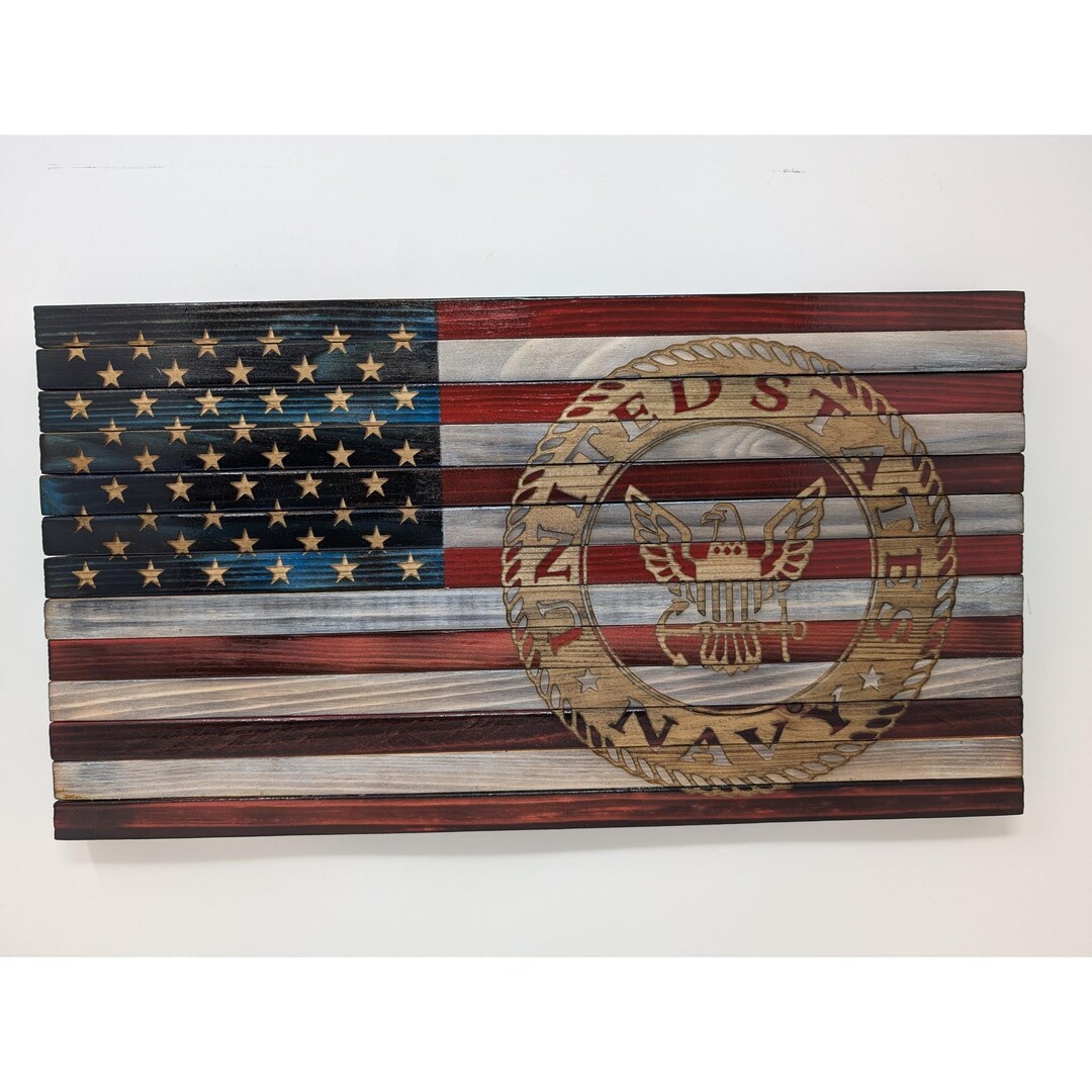 Wooden USA Flag US Navy 50 Stars Rustic Flame Enhanced Laser Engraved ...