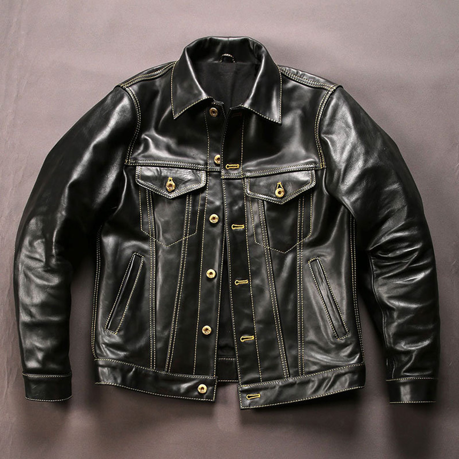 Men Vintage Casual Denim Leather Jacket Retro Classic Tea Core Men Us ...