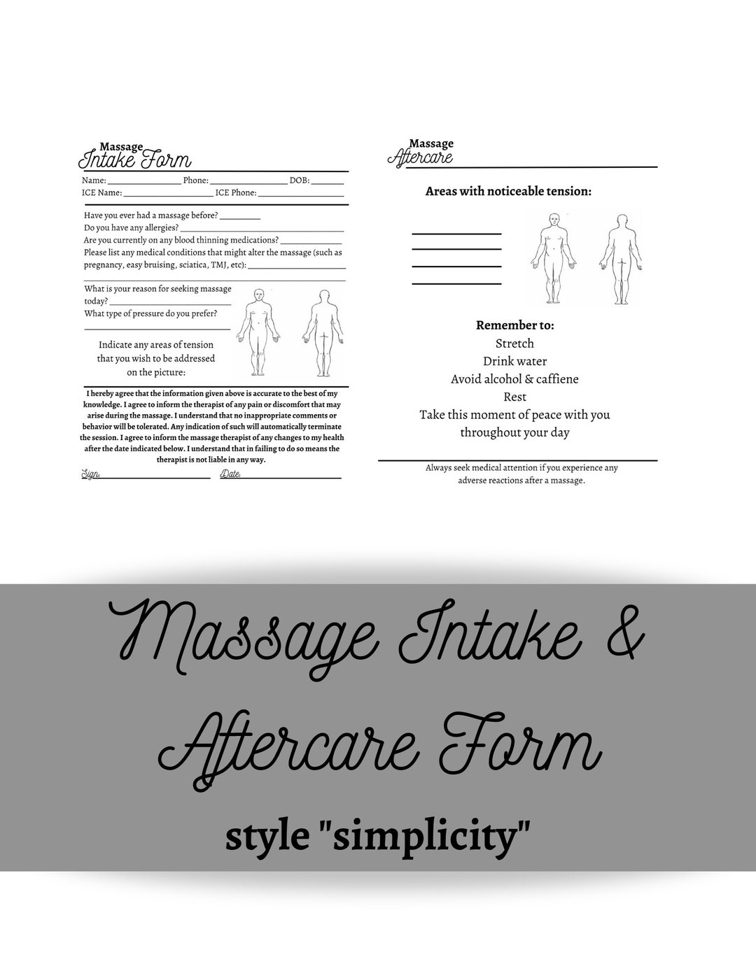 Massage Intake & Aftercare Form. Style- "simplicity" - Etsy