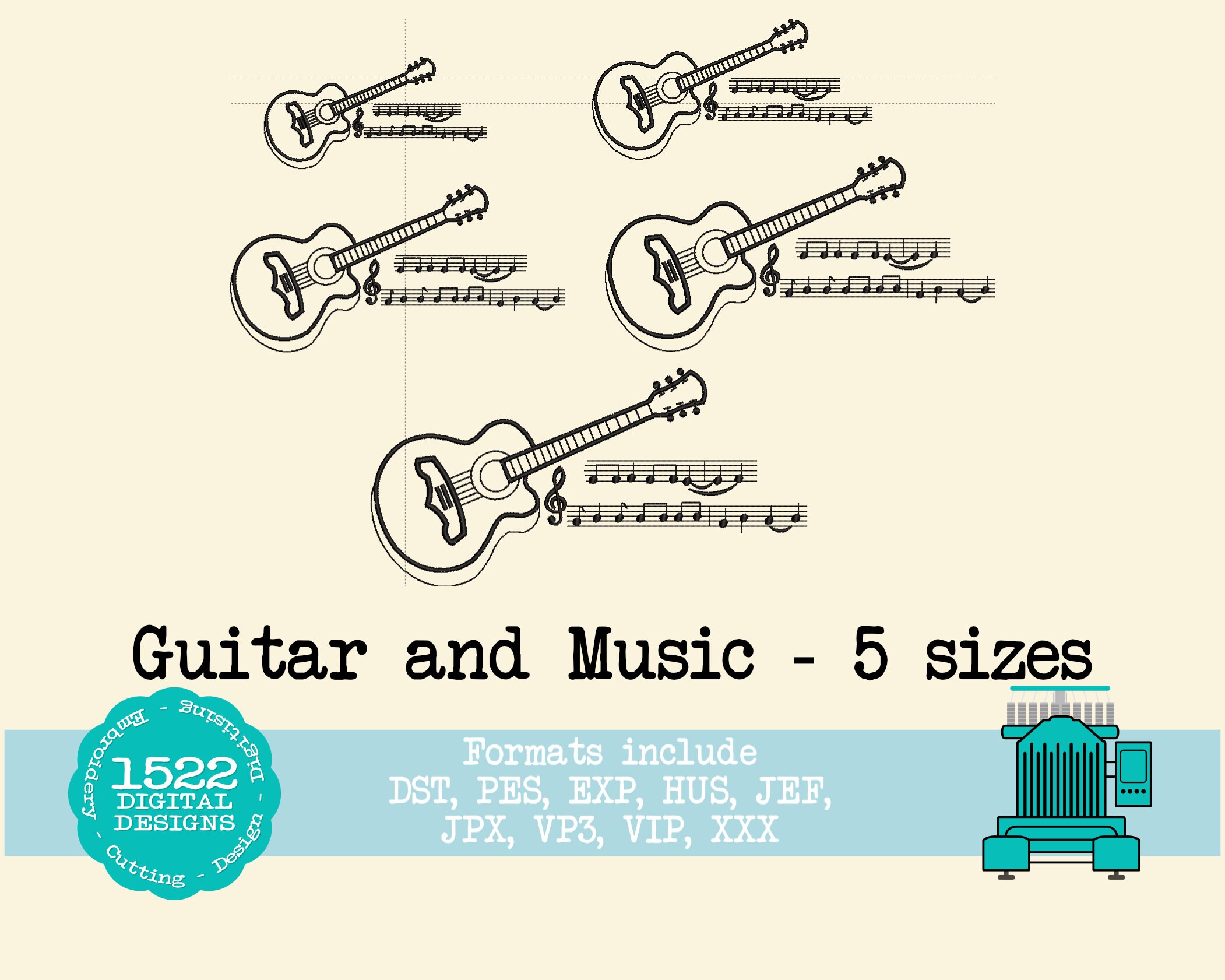 Guitar and Musical Notes Machine Embroidery Instant Download File ...