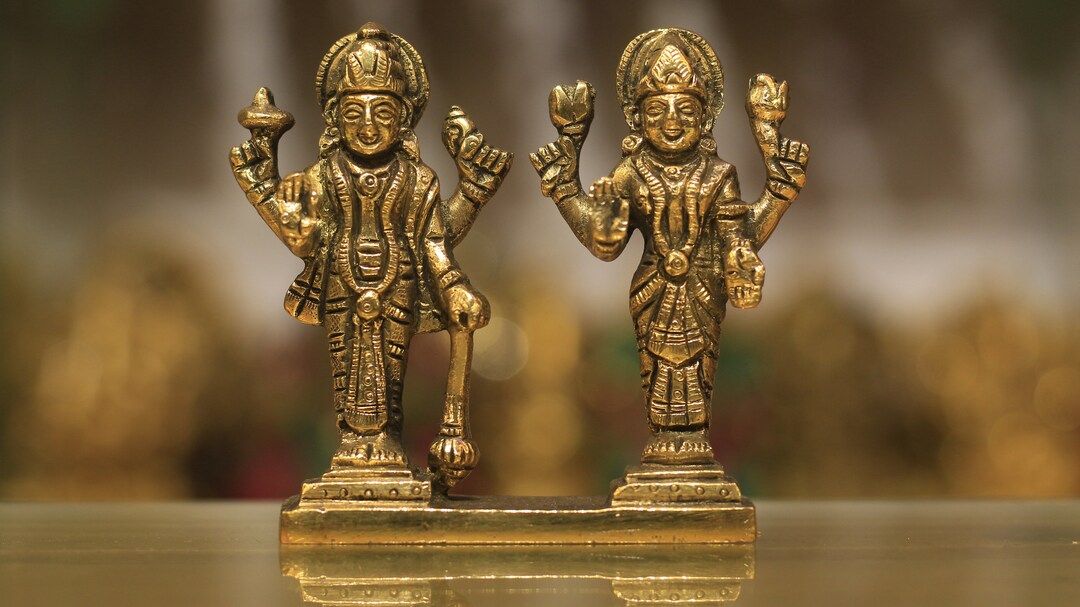 Brass Laxmi Narayan Statue Standing Vishnu Lakshmi Idol Etsy
