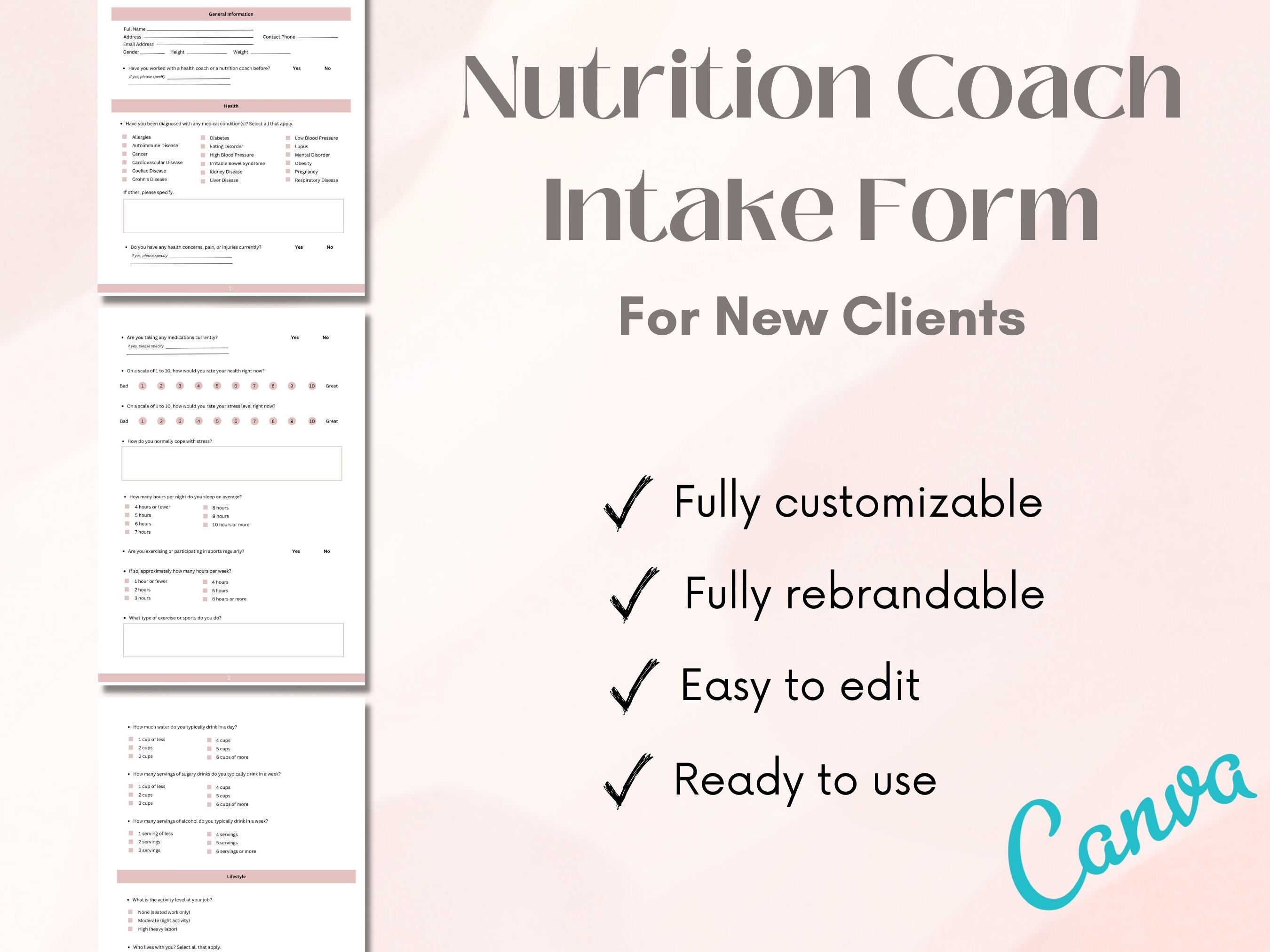 Nutrition Coach Intake Form | Coaching New Client Information Form ...