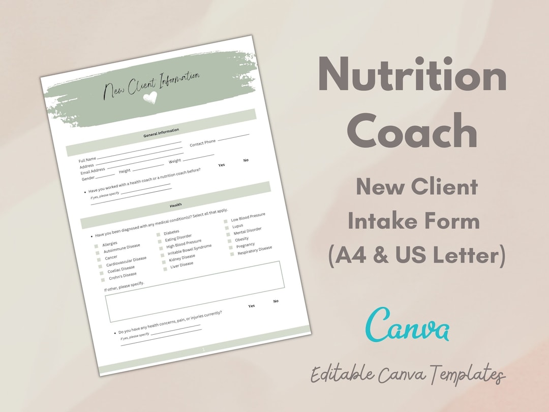 Nutrition Coach Intake Form | Coaching New Client Information | Health ...