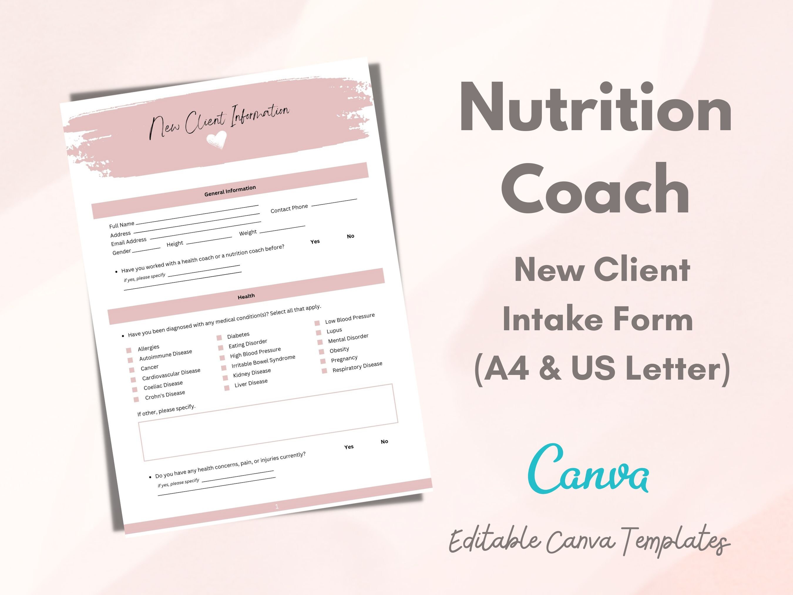 Nutrition Coach Intake Form Coaching New Client Information - Etsy