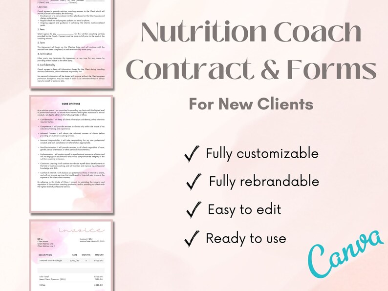 Nutrition Coach Agreement New Client Forms | Health, Wellness Coach ...