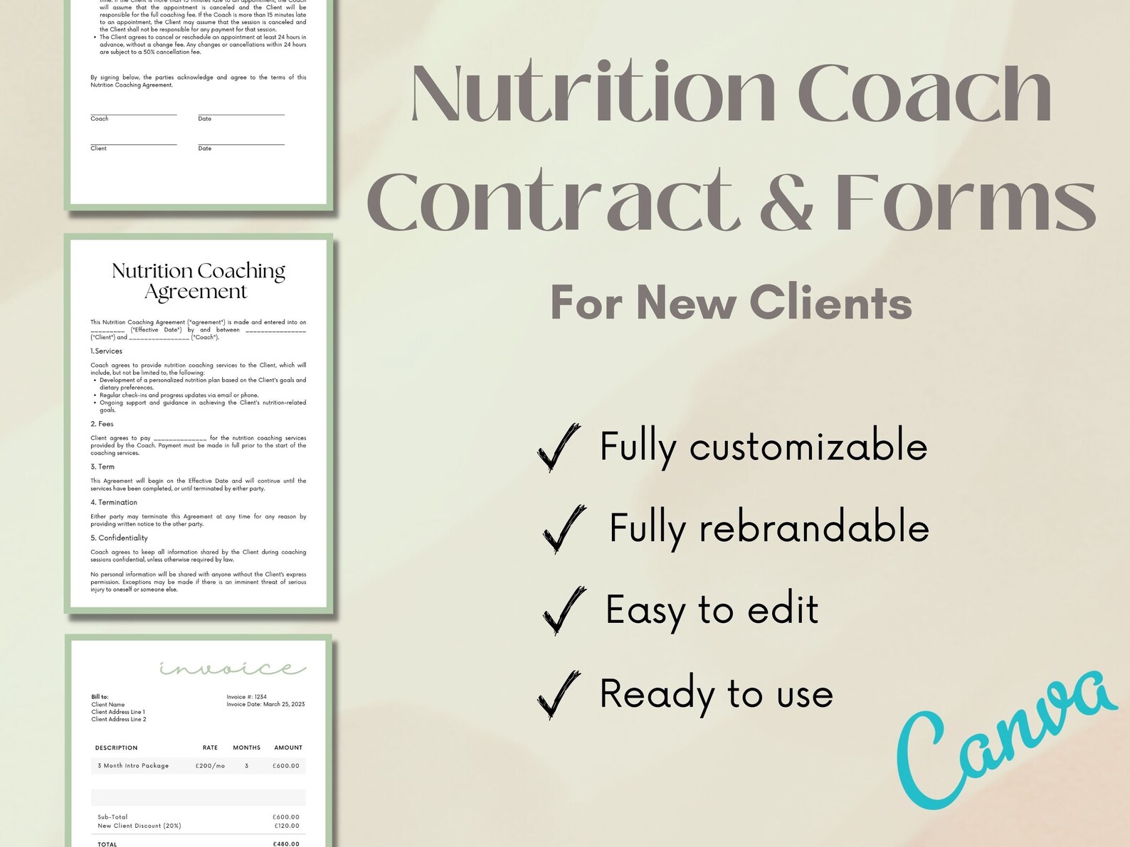 Nutrition Coach Agreement New Client Forms | Health, Wellness Coach ...