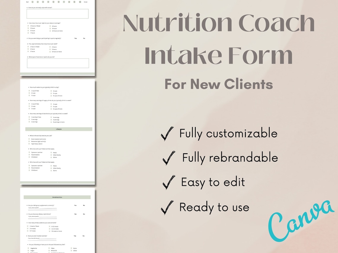 Nutrition Coach Intake Form Coaching New Client Information Health ...