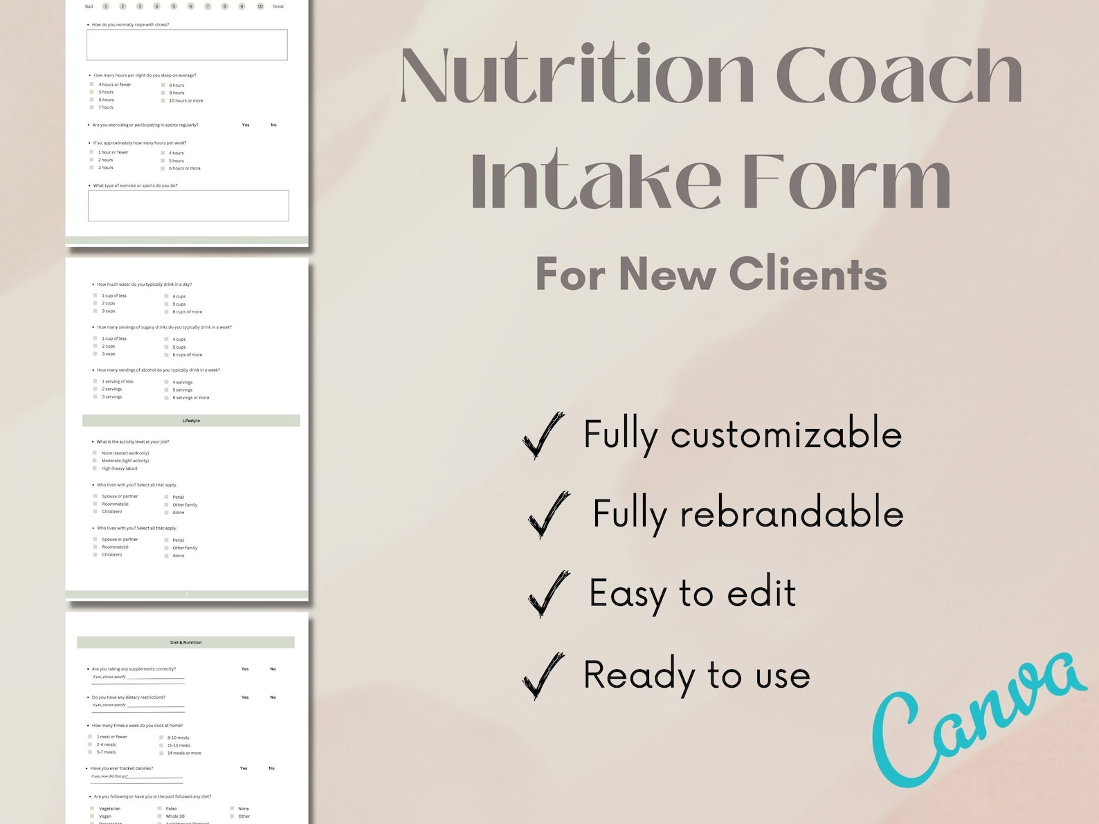 Nutrition Coach Intake Form Coaching New Client Information Health ...