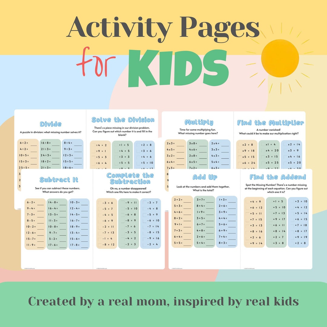 8 Activity Pages for Kids Basic Math Digital Printable Instant Download ...