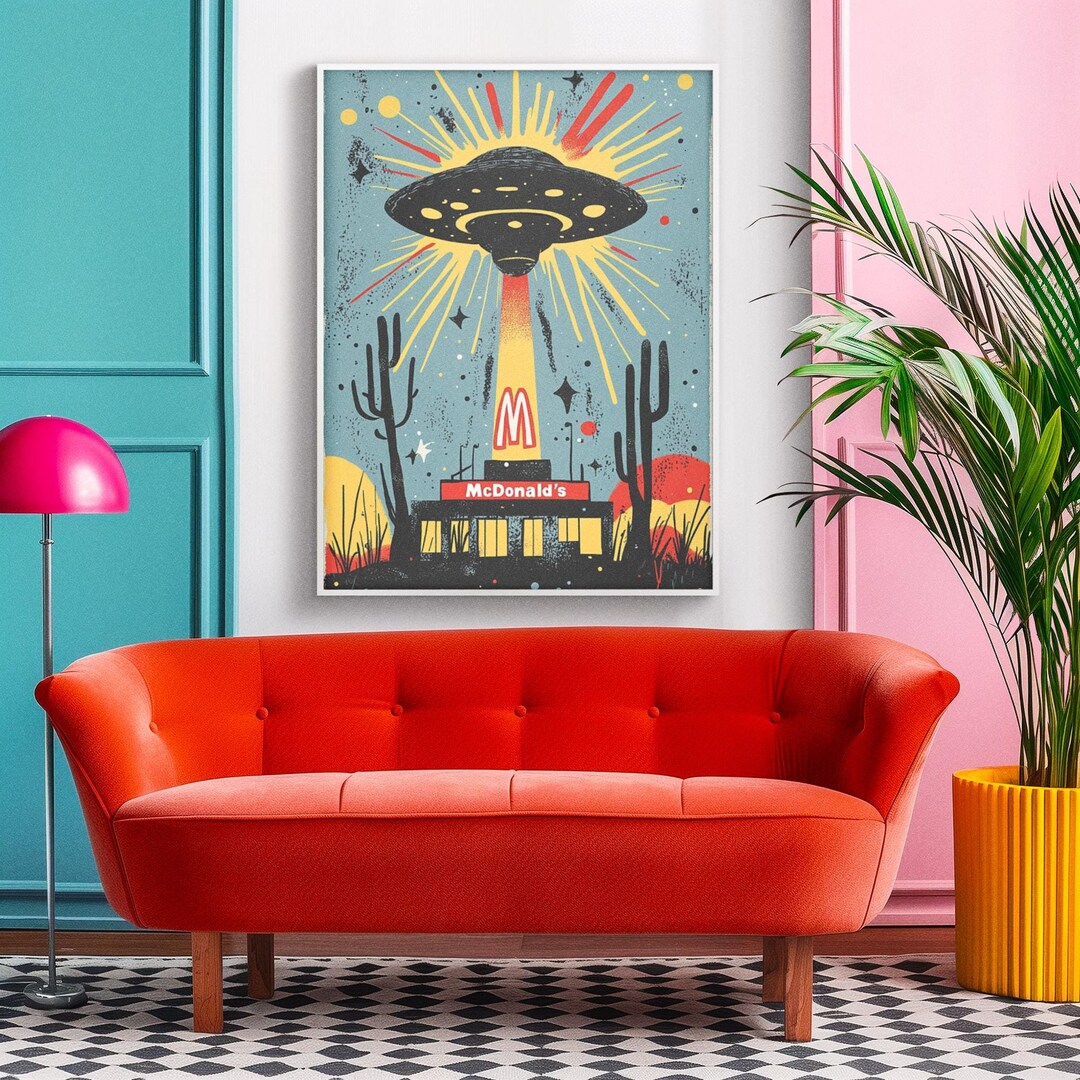 UFO Sci-fi Poster, Retro Mcdonald's Alien Abduction, Vintage 1970s Sci ...