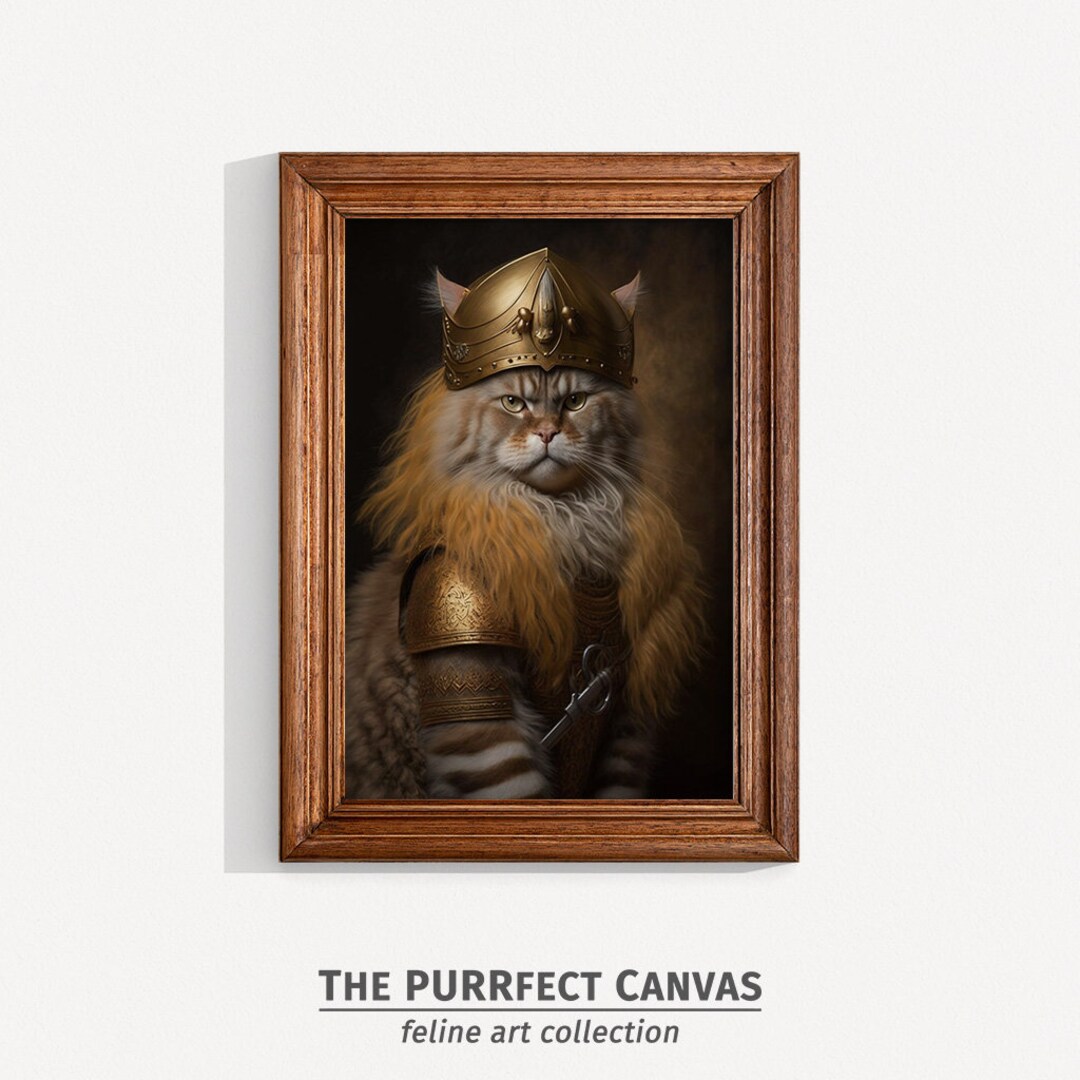 Cat Wall Art Viking Warrior | Baroque Animal Portrait Wall Art | Oil ...