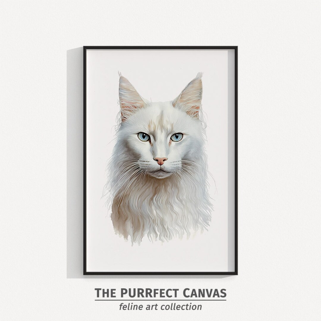 Turkish Angora Cat | Feline Animal Portrait Wall Art | Water Color ...