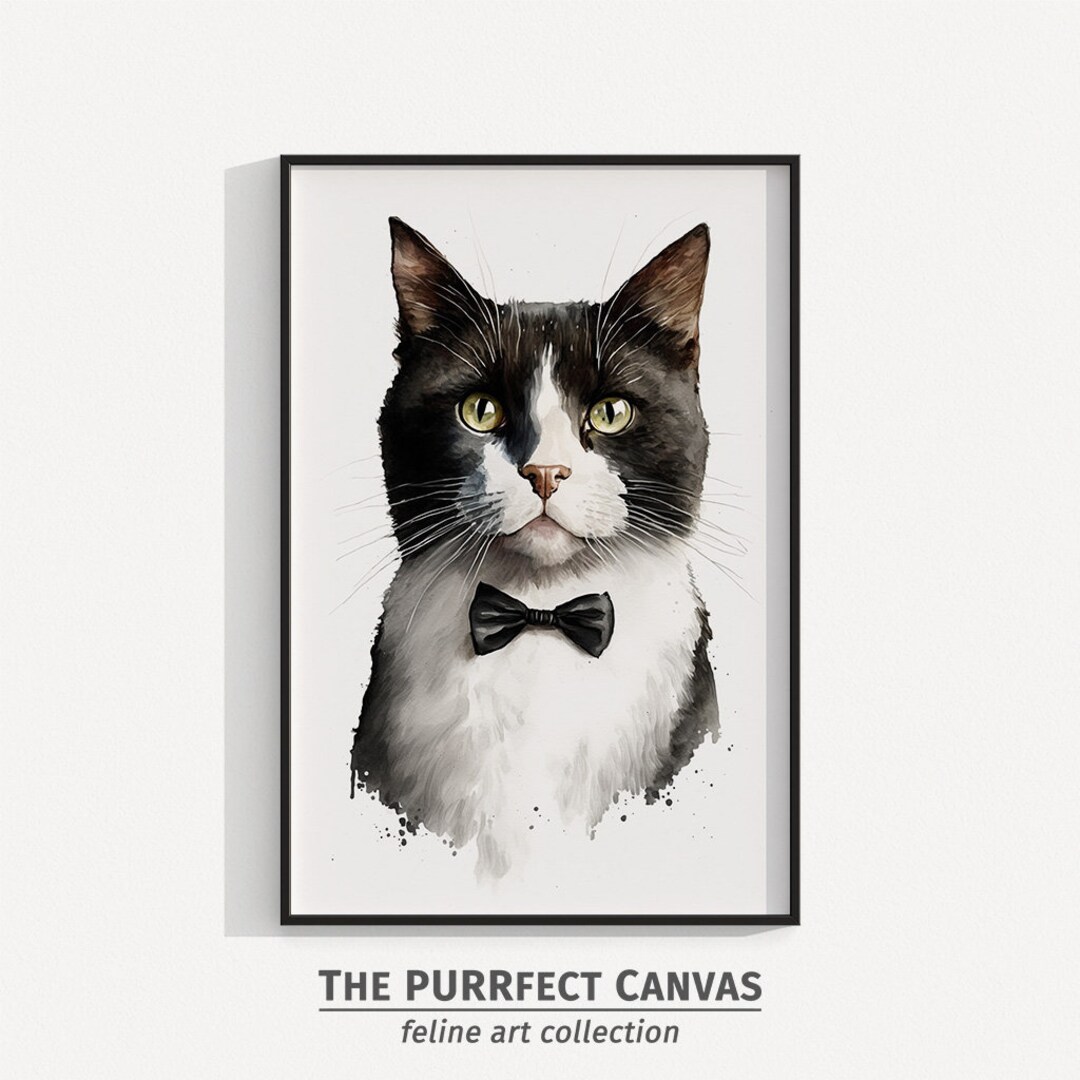 Tuxedo Cat | Feline Animal Portrait Wall Art | Water Color Painting ...