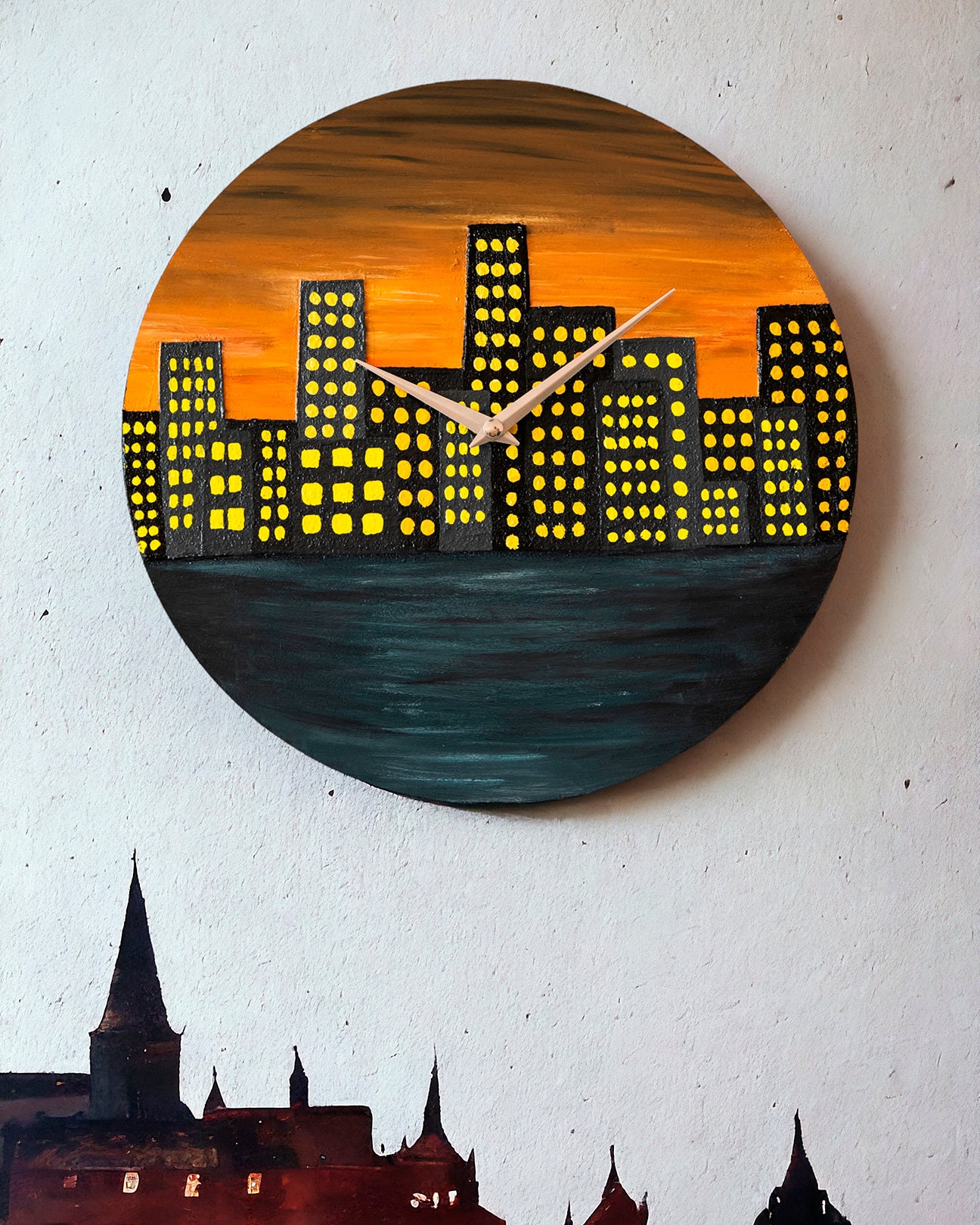 Textured Wall Clock With a City Skyline Theme at Sunset, Textured Round ...