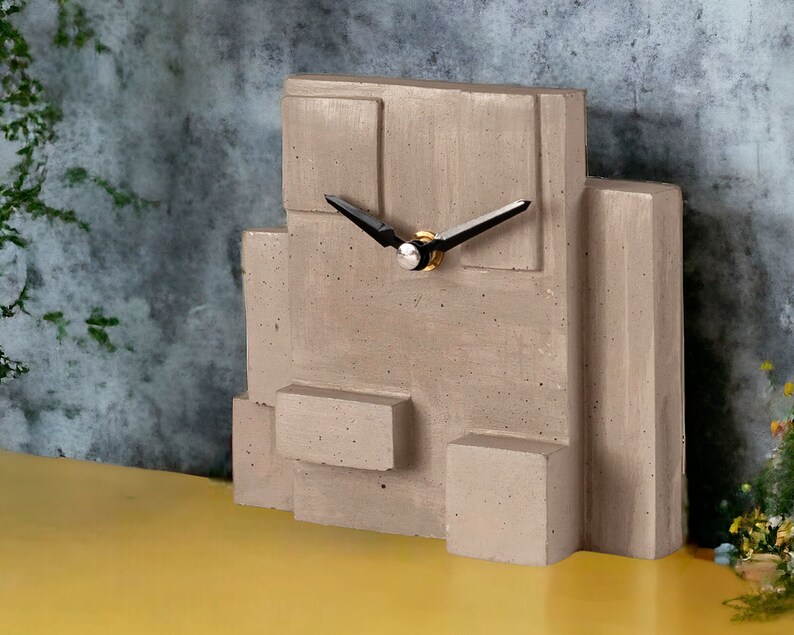 Retro - Themed Concrete Desk Clock, Rectangular Prism Composition With ...
