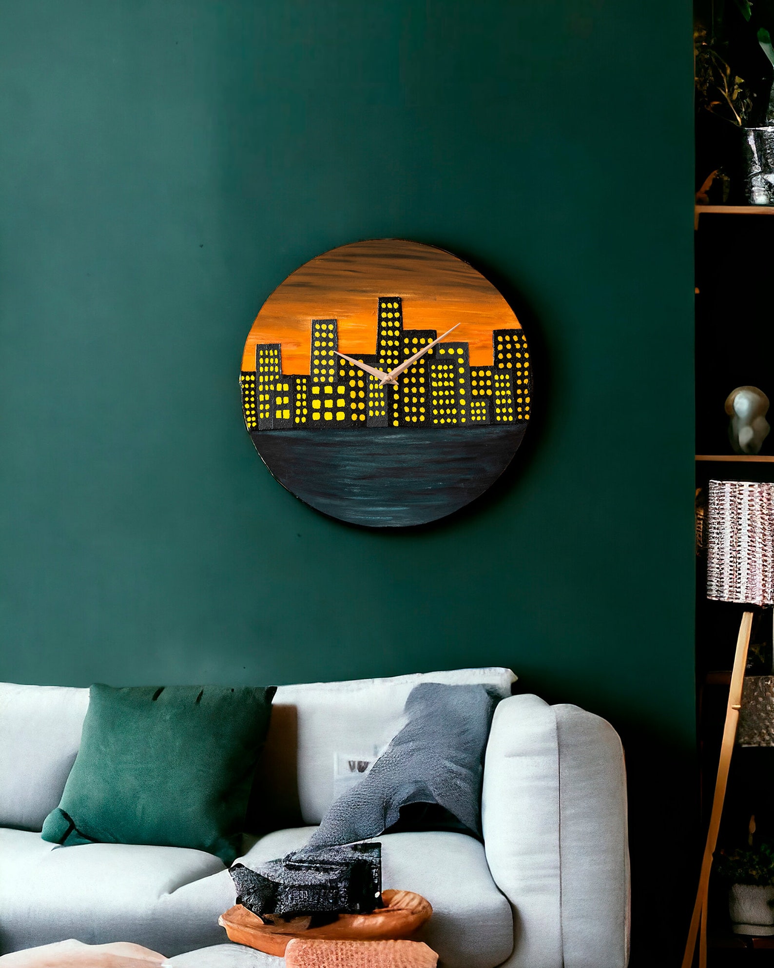 Textured Wall Clock With a City Skyline Theme at Sunset, Textured Round ...