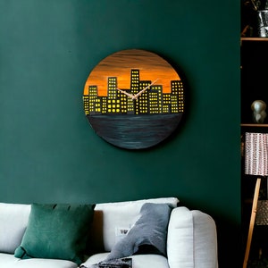 Textured Wall Clock With a City Skyline Theme at Sunset, Textured Round ...