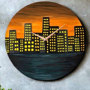 Textured Wall Clock With a City Skyline Theme at Sunset, Textured Round ...